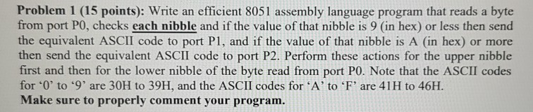 Problem 1 (15 points): Write an efficient 8051 | Chegg.com