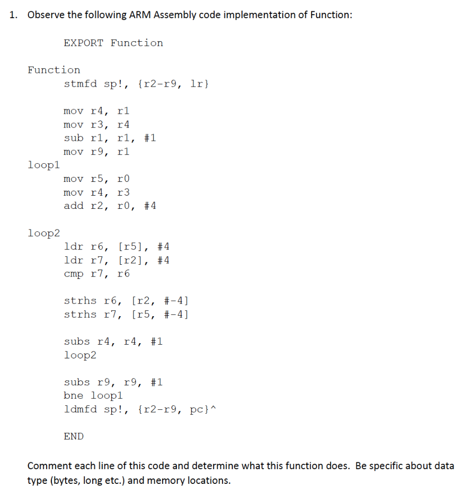 Solved 1. Observe the following ARM Assembly code | Chegg.com