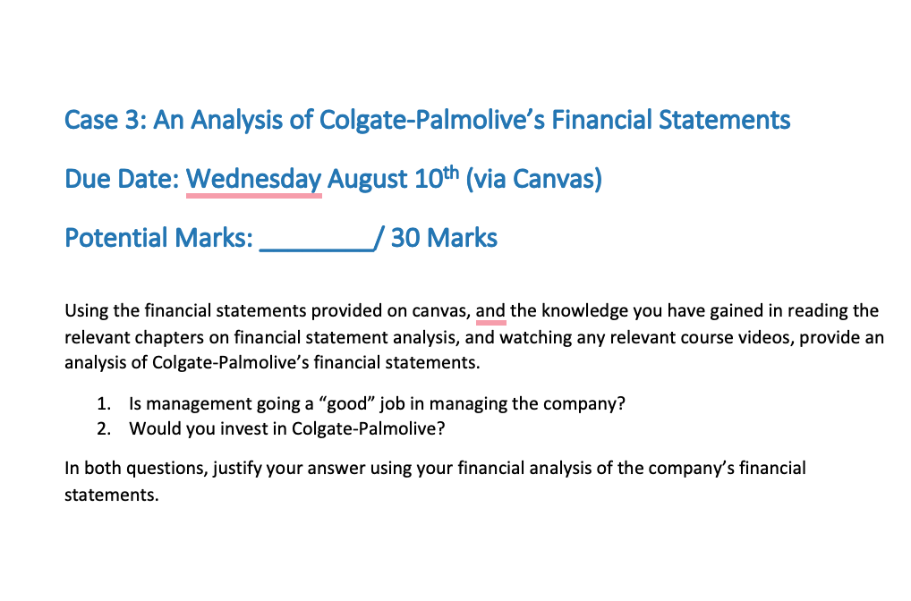 Solved Case 3: An Analysis of Colgate-Palmolive's Financial | Chegg.com