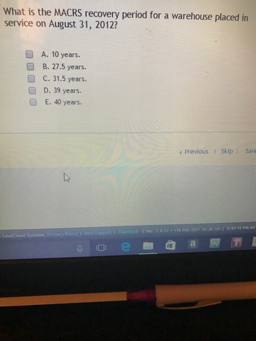 Solved What is the MACRS recovery period for a warehouse | Chegg.com