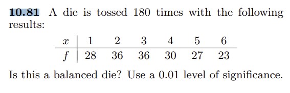 Solved 10.81 A die is tossed 180 times with the following | Chegg.com