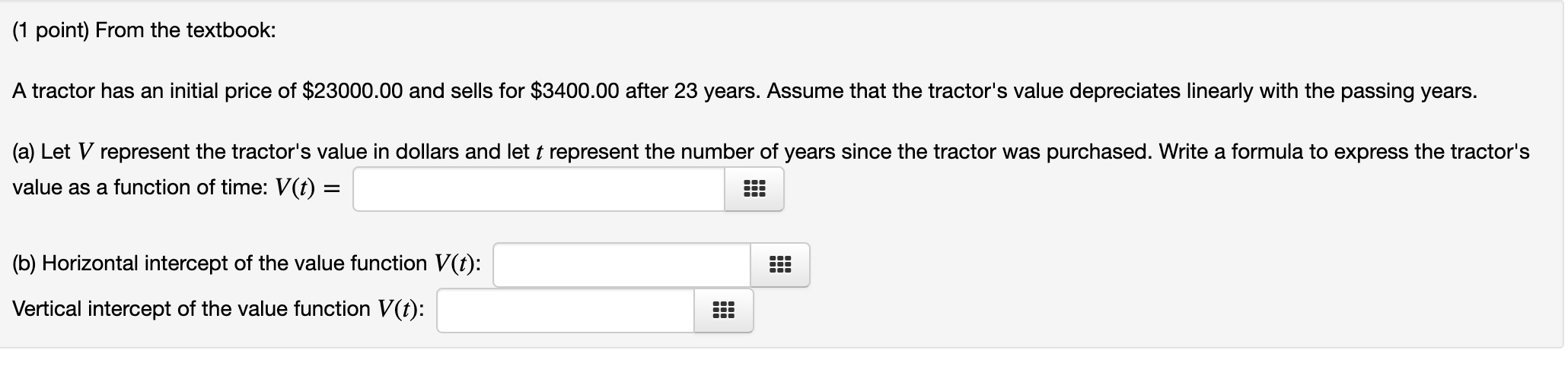 Solved A tractor has an initial price of $23000.00 and sells | Chegg.com