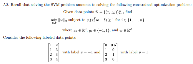 Solved A2. Recall that solving the SVM problem amounts to | Chegg.com