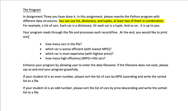 Solved PYTHON!!! You are doing some research about cars in | Chegg.com