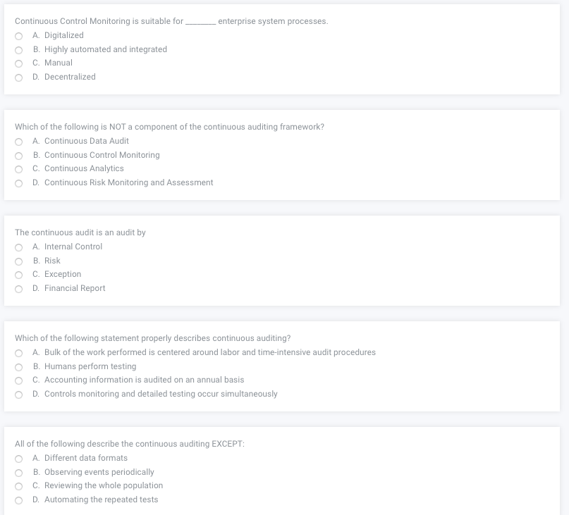 Solved Continuous Control Monitoring is suitable for | Chegg.com