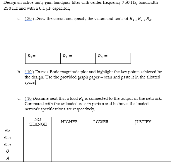 Design an active unity-gain bandpass filter with | Chegg.com