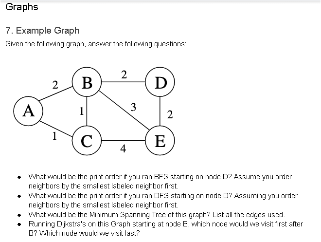 Graphs 7. Example Graph Given the following graph, | Chegg.com