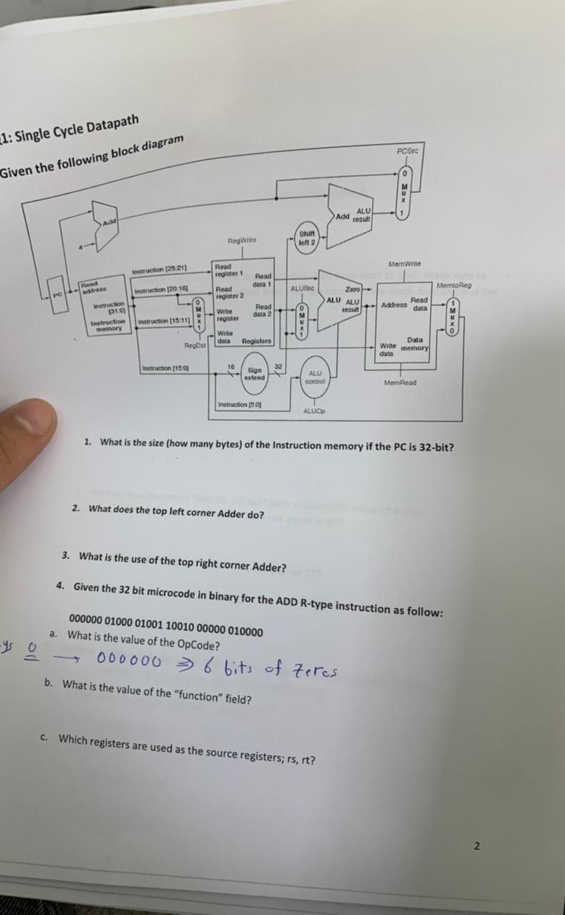 Solved 1: Single Cycle Datapath Given the following block | Chegg.com