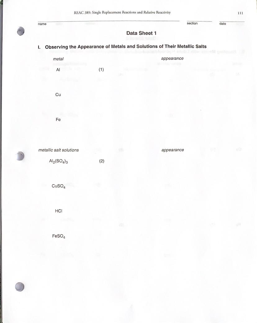 Solved REAC 389: Single Replacement Reactions and Relative | Chegg.com