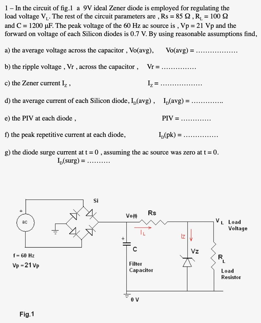 Solved . 1 - In the circuit of fig.1 a 9V ideal Zener diode | Chegg.com