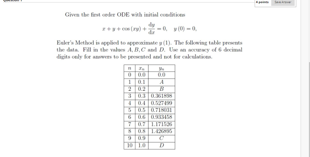 Solved 4 points Save Answer Given the first order ODE with | Chegg.com