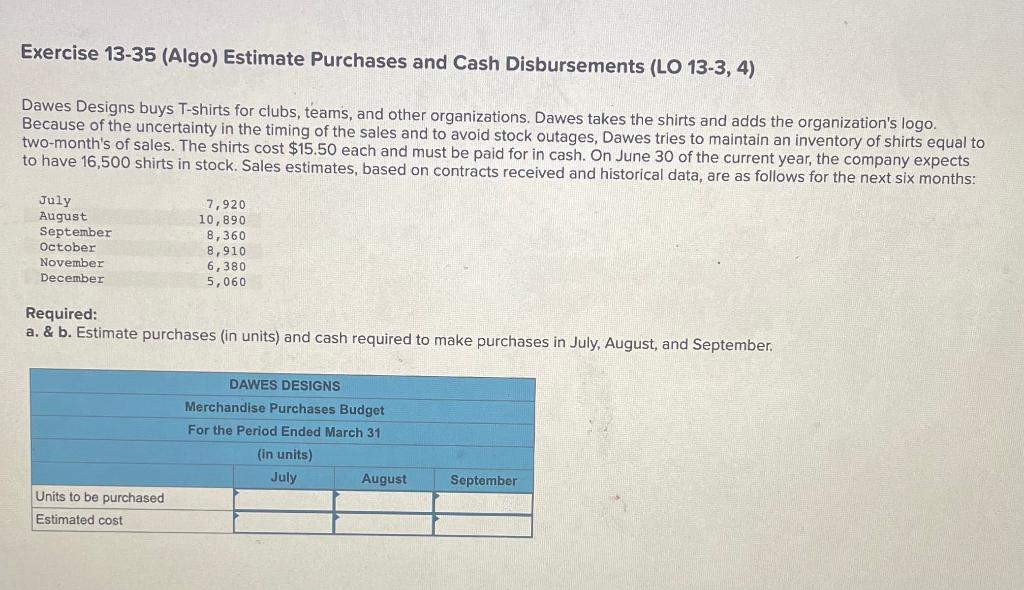 Solved Exercise 13-35 (Algo) Estimate Purchases and Cash | Chegg.com