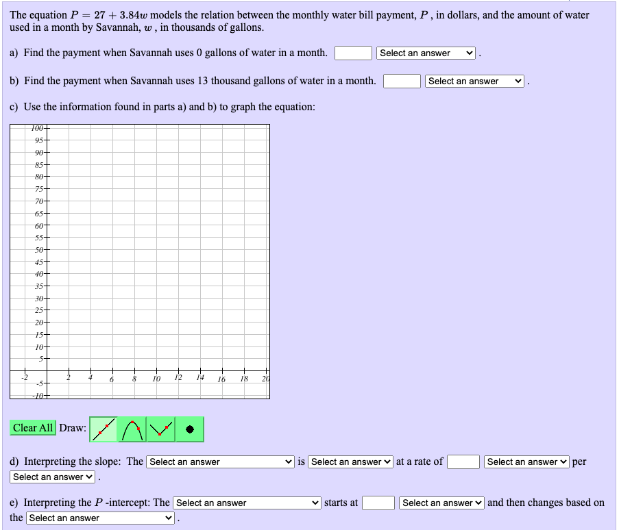 Solved The equation P = 27 +3.84w models the relation | Chegg.com