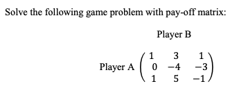 Solved Solve the following game problem with pay-off matrix: | Chegg.com