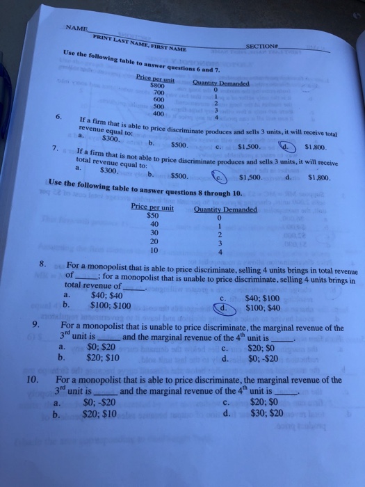Solved NAME PRINT LAST NAME, FIRST NAME SECTION MONOPOLISTIC | Chegg.com
