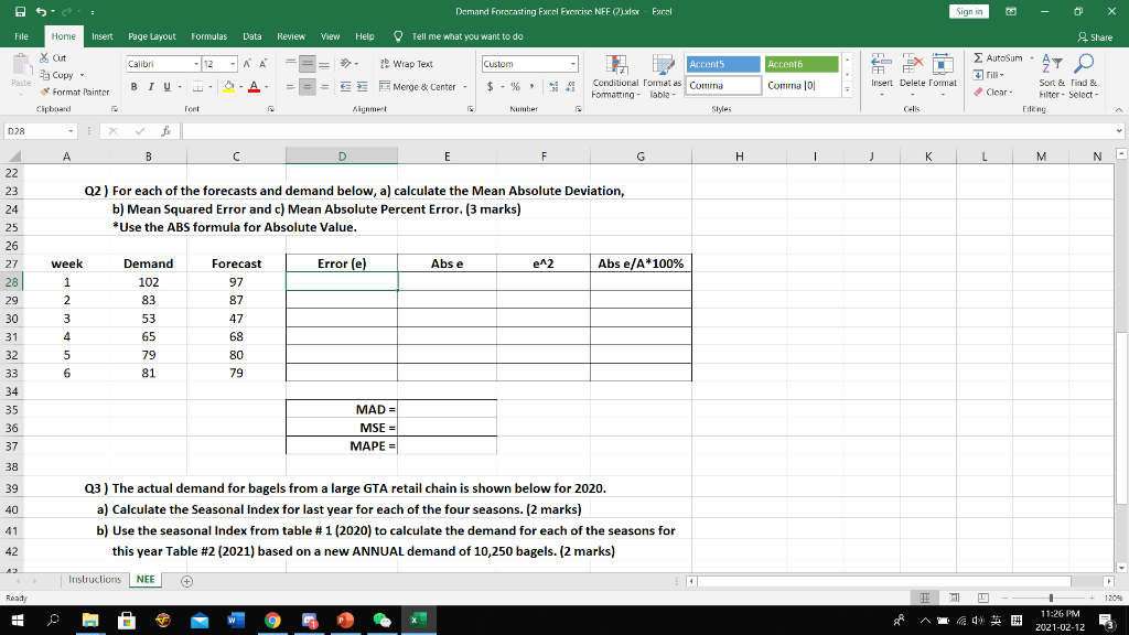 Solved Demand Forecasting Excel Exercise NEE (2.xlsx - Excel | Chegg.com