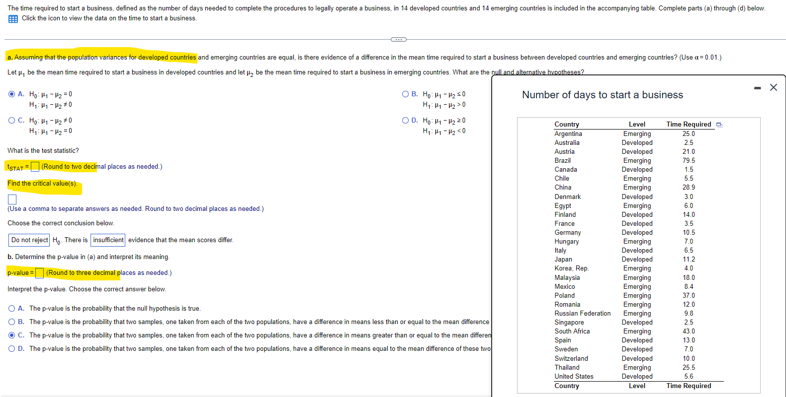 Solved Click the icon to view the data on the time to start | Chegg.com