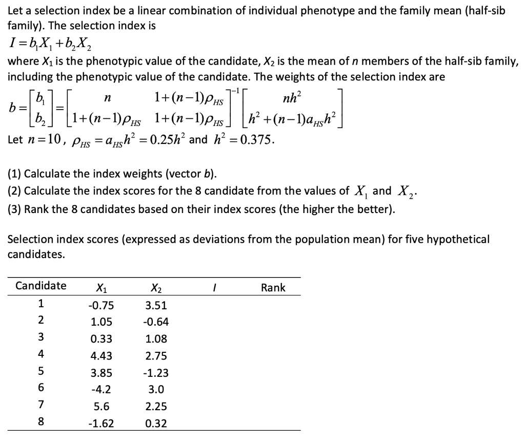 Solved Let a selection index be a linear combination of | Chegg.com