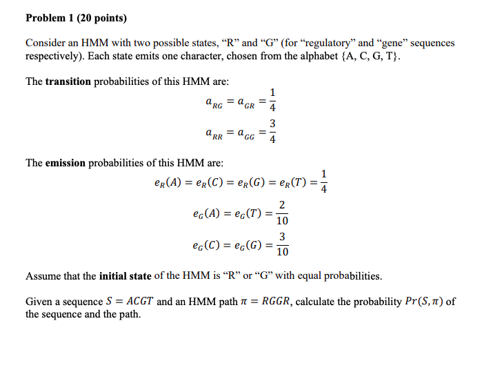Problem 1 (20 points) Consider an HMM with two | Chegg.com