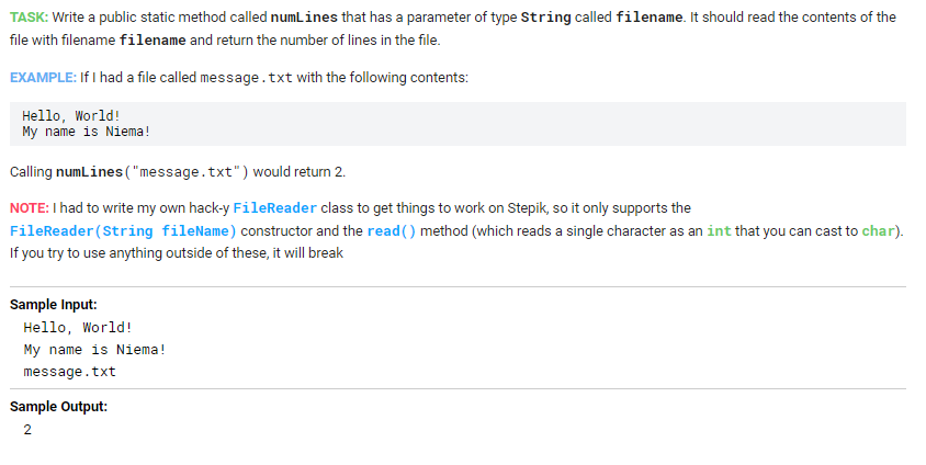 Solved TASK: Write a public static method called numLines | Chegg.com