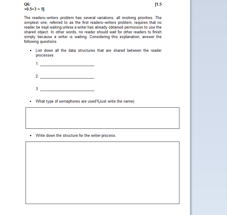 Solved +0.5+3=5] The readers-writers problem has several | Chegg.com