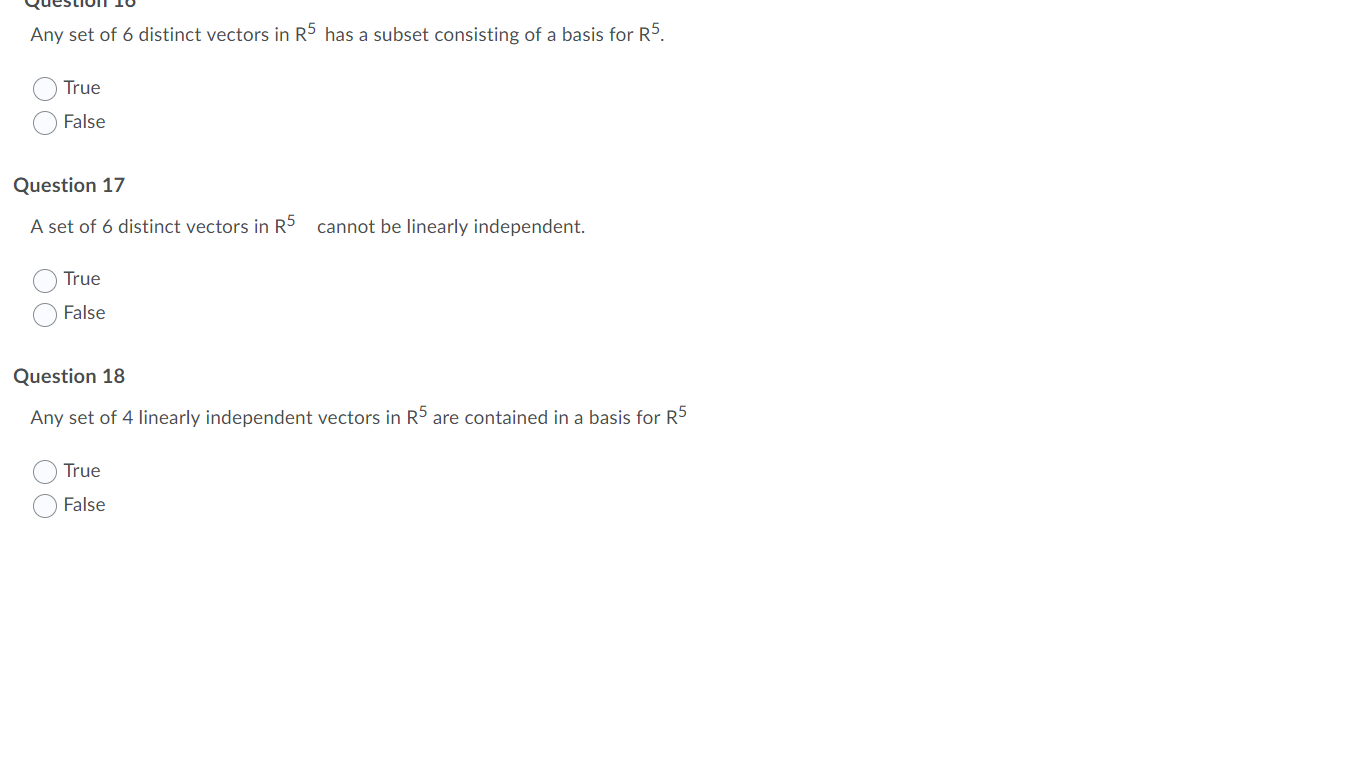 Solved QuestIuII IU Any set of 6 distinct vectors in R5 has | Chegg.com