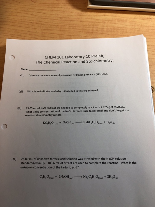 Solved CHEM 101 Laboratory 10 Prelab, The Chemical Reaction | Chegg.com