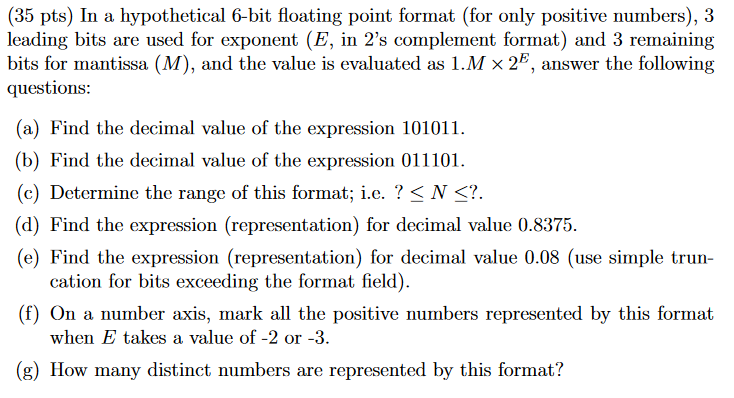 Solved (35 pts) In a hypothetical 6-bit floating point | Chegg.com
