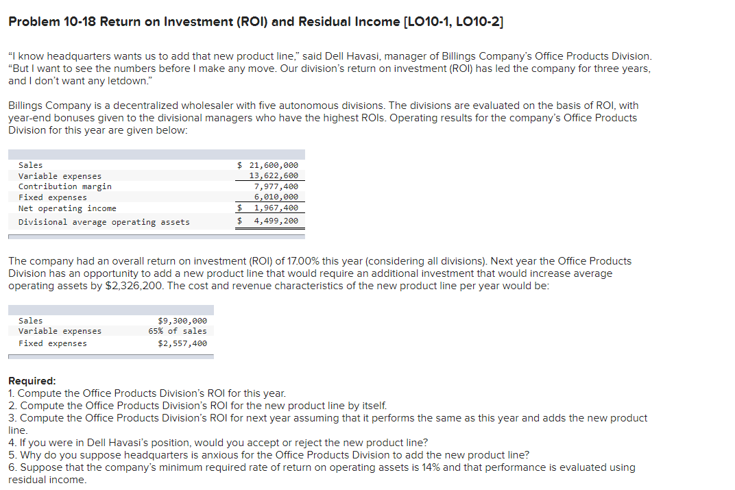 Solved Problem 10-18 Return on Investment (ROI) and Residual | Chegg.com