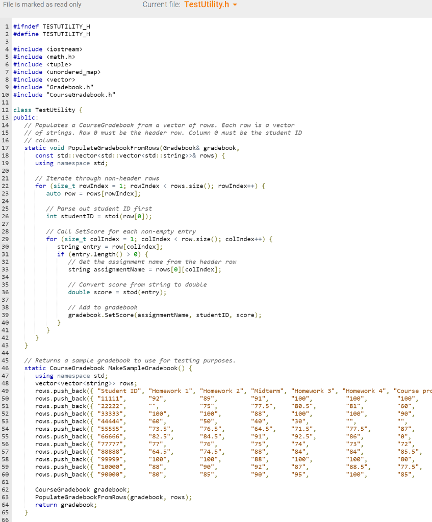 Solved C++, in the following files. Only CourseGradebook.h | Chegg.com