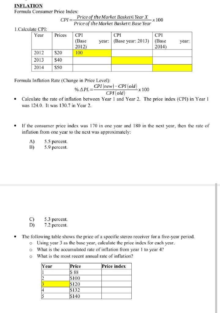 Solved INFLATION Formula Consumer Price Index CPI Price Chegg