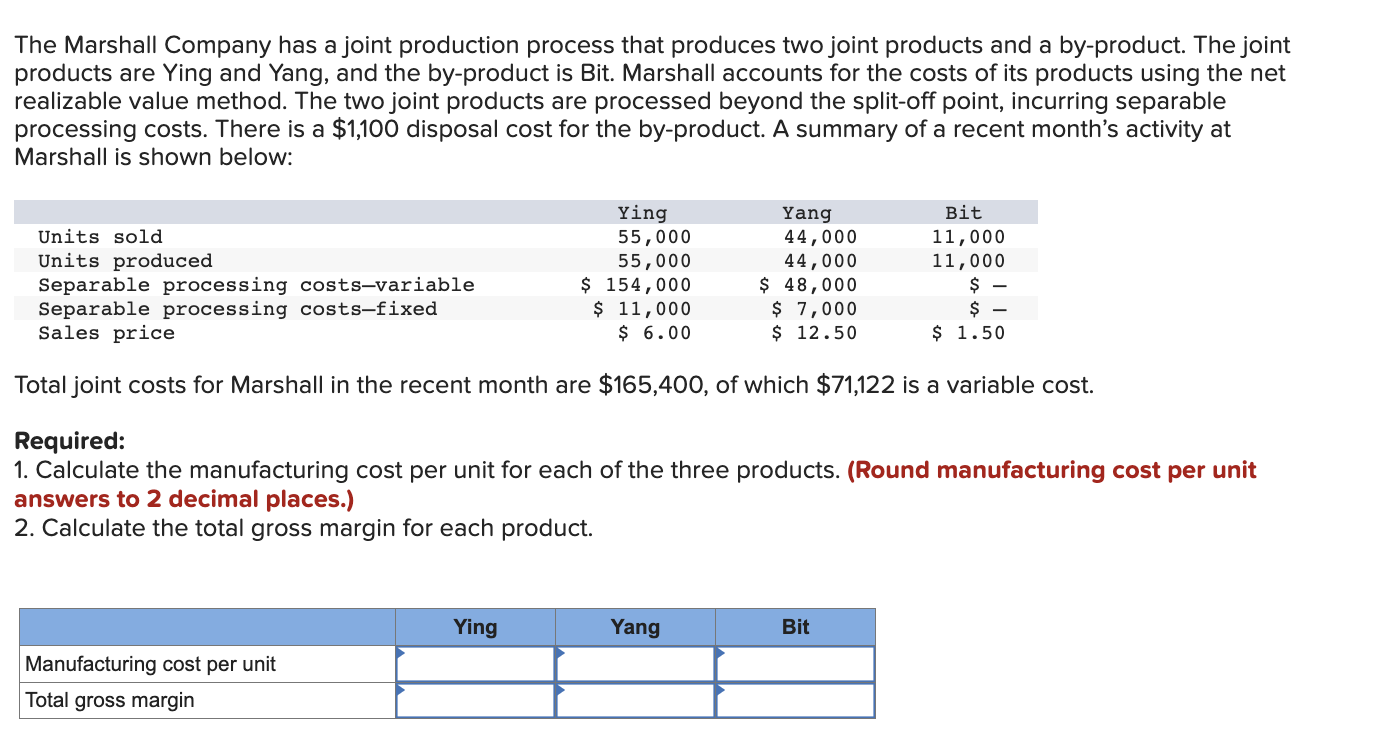 Solved The Marshall Company has a joint production process | Chegg.com
