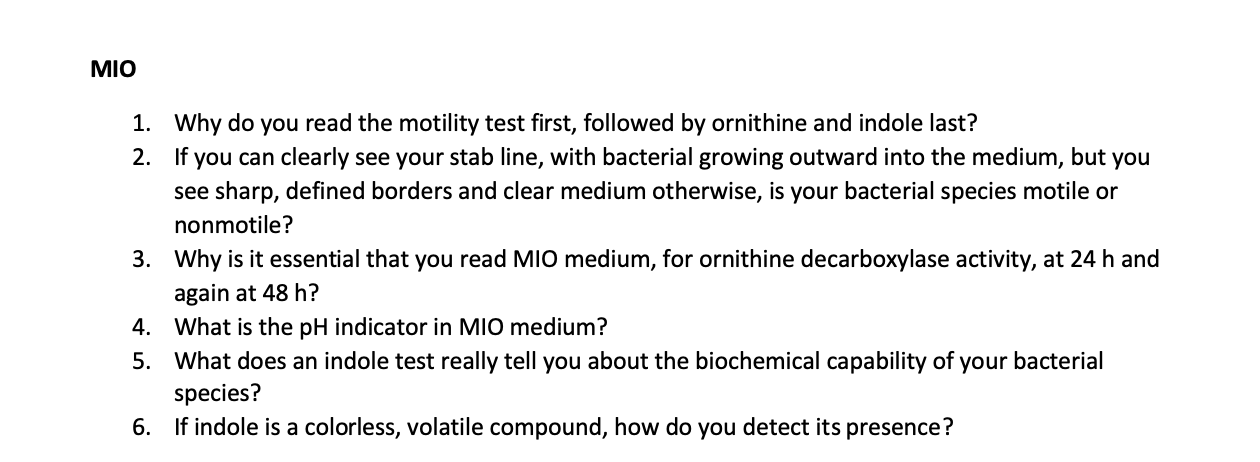 Solved MIO 1. Why do you read the motility test first, | Chegg.com