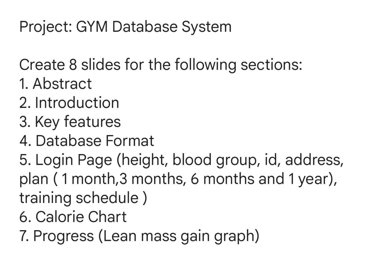 Solved Project: GYM Database System Create 8 slides for the | Chegg.com
