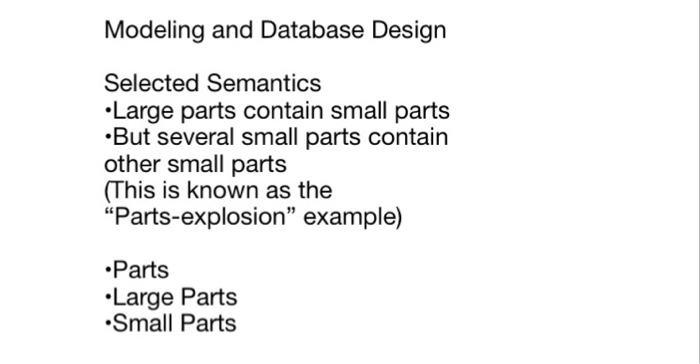 Solved Database Design Selected Semantics Large parts | Chegg.com