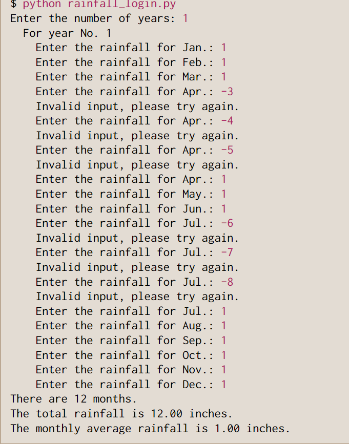 Solved $ python rainfall_login.py Enter the number of years: | Chegg.com