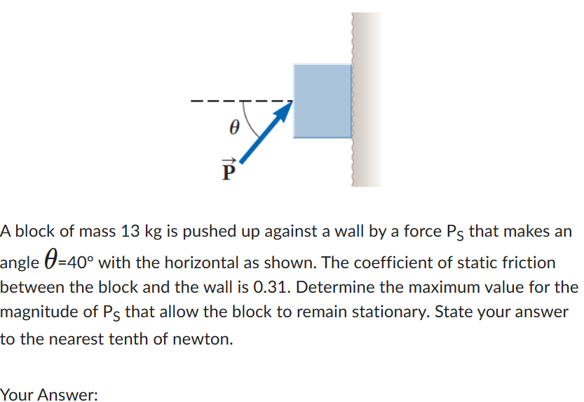 Solved A block of mass 13 kg is pushed up against a wall by | Chegg.com