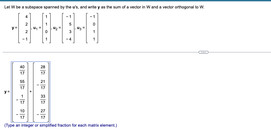 Solved y=⎣⎡422−1⎦⎤,u1=⎣⎡1101⎦⎤,u2=⎣⎡−153−4⎦⎤,u3=⎣⎡−1011⎦⎤ | Chegg.com