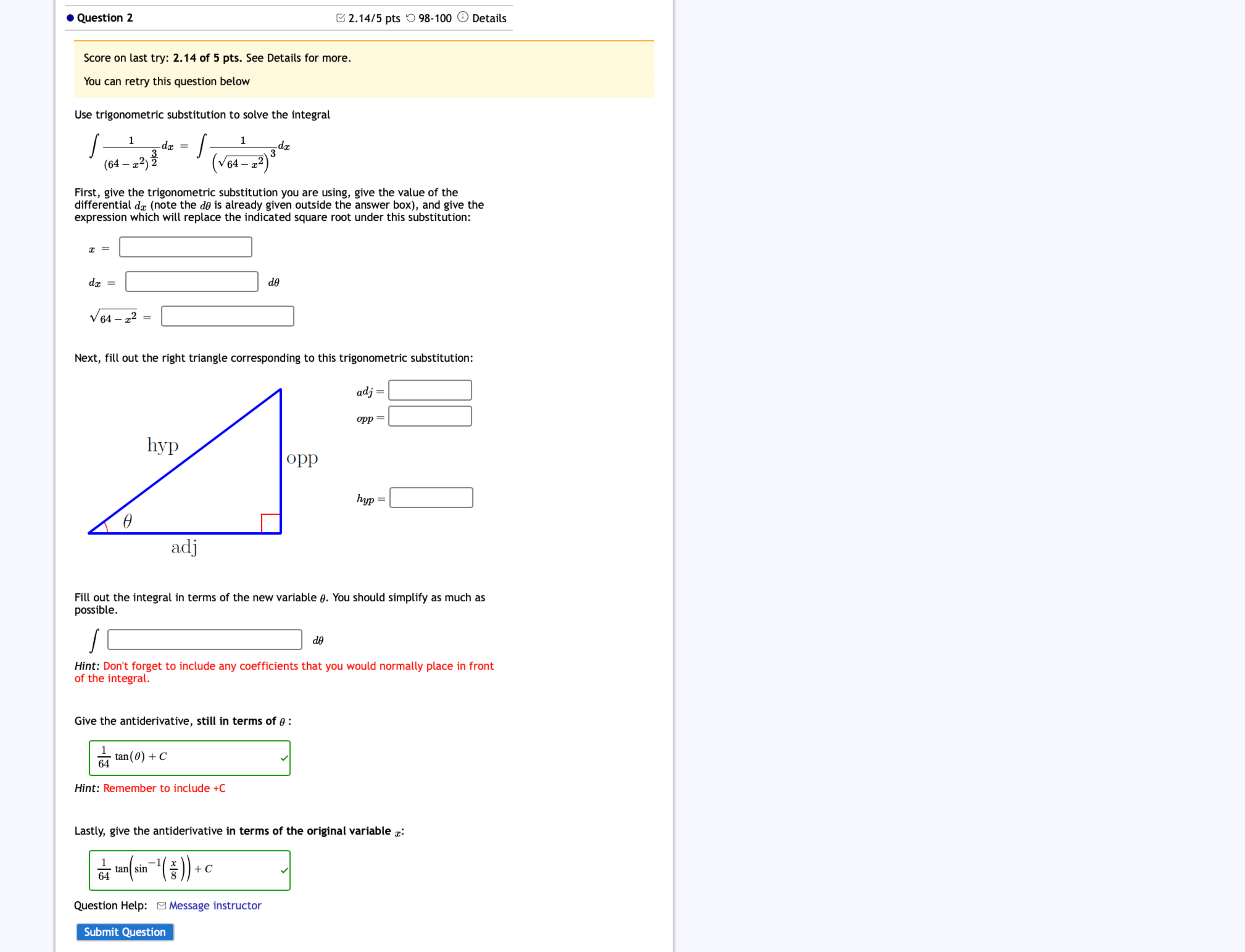 Solved Question 2 ﻿Use trigonometric substitution to solve | Chegg.com