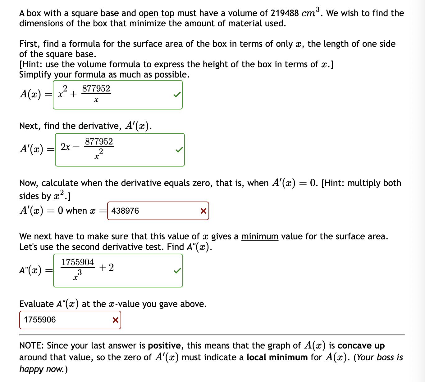 Solved A box with a square base and open top must have a | Chegg.com