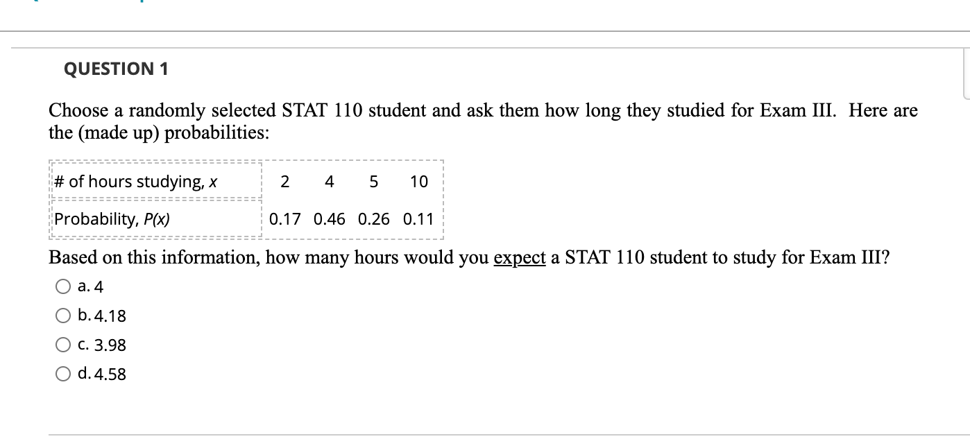 Solved QUESTION 1 Choose a randomly selected STAT 110 | Chegg.com