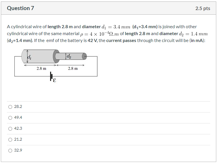 Solved Question 7 2.5 pts A cylindrical wire of length 2.8 m | Chegg.com