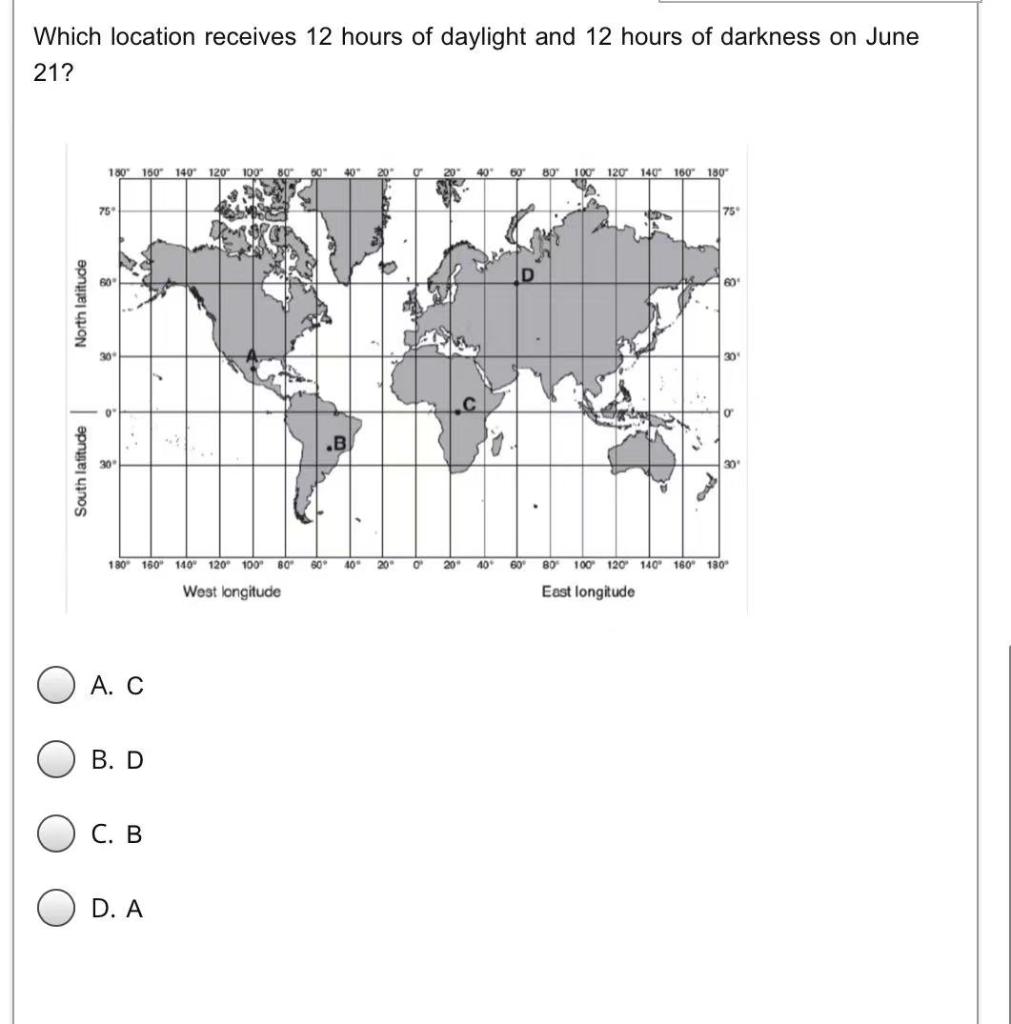 Solved Which location receives 12 hours of daylight and 12 | Chegg.com