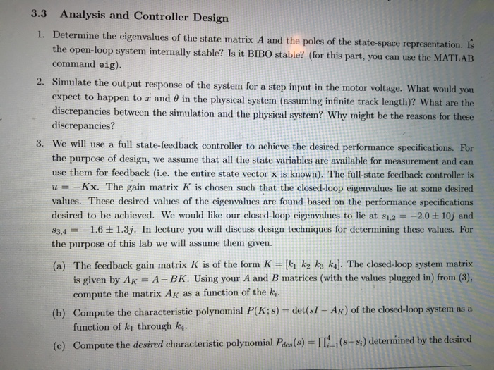 3.3 Analysis and Controller Design 1. Determine the | Chegg.com