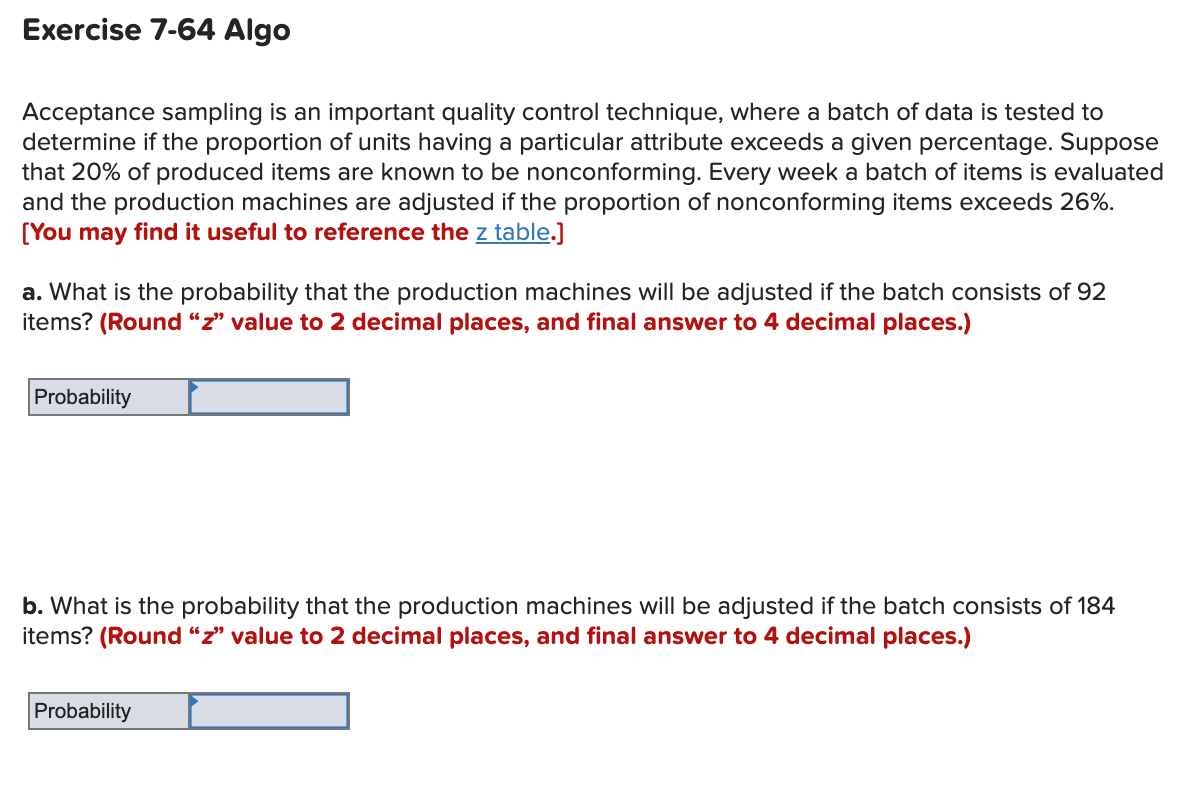 Solved Exercise 7-64 Algo Acceptance sampling is an | Chegg.com
