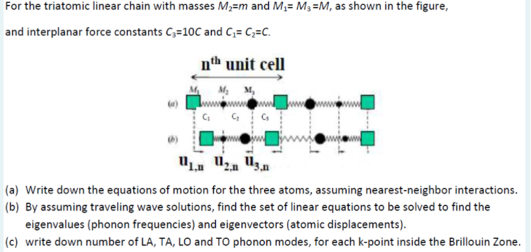 Solved For the triatomic linear chain with masses M2=m and M | Chegg.com
