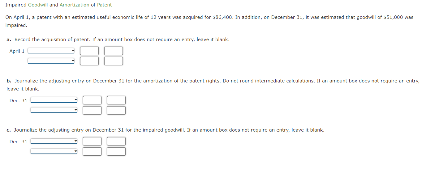 Solved Impaired Goodwill and Amortization of Patent | Chegg.com
