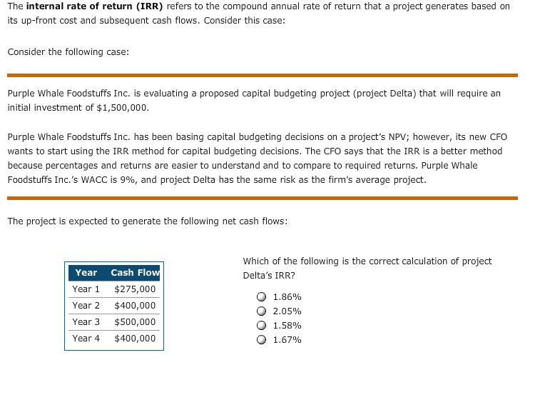 Solved The internal rate of return (IRR) refers to the | Chegg.com