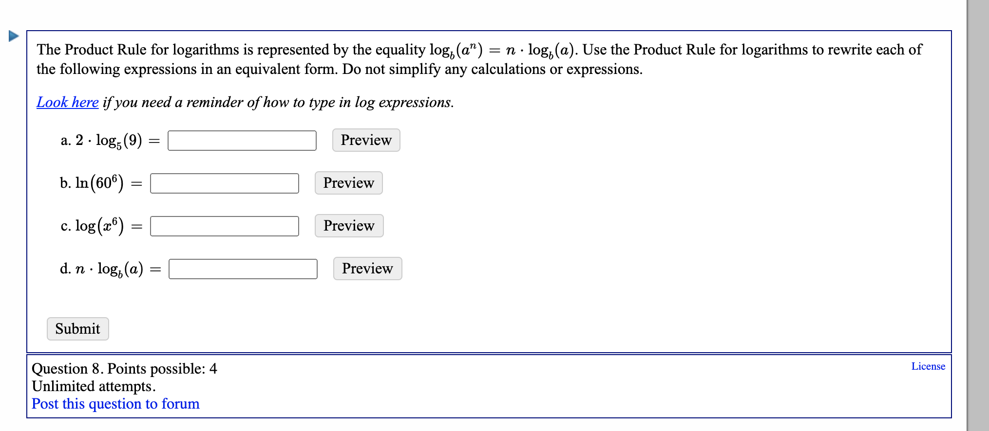 Solved The Product Rule for logarithms is represented by the | Chegg.com