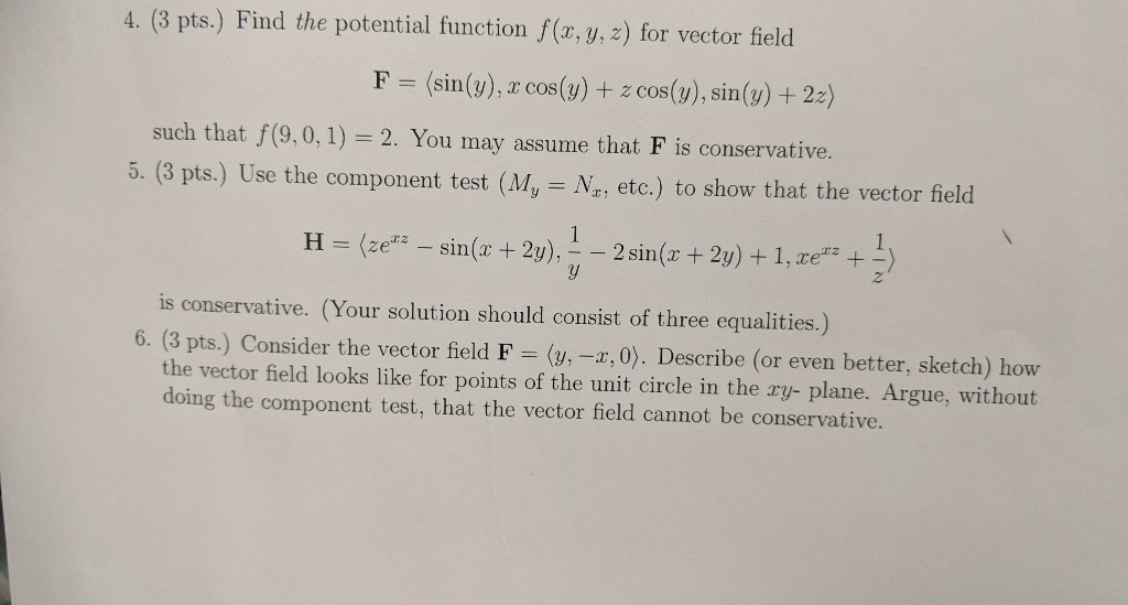 Solved 4. (3 pts.) Find the potential function f(x, y, z) | Chegg.com